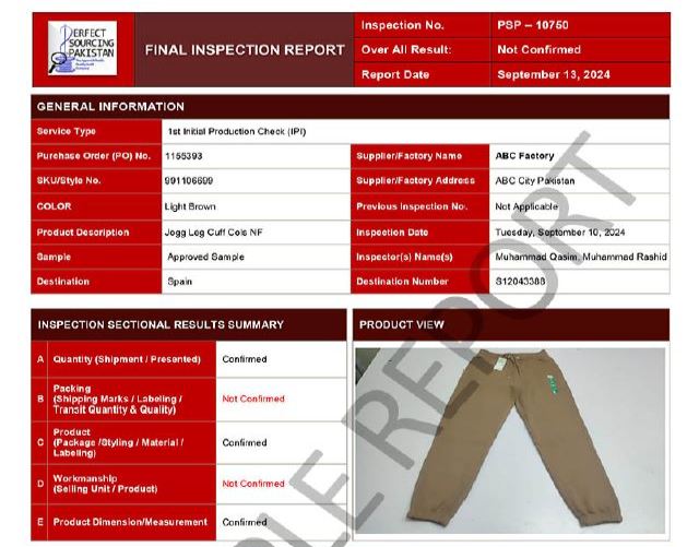 Quality Inspection Report Sample – PS Pakistan (Pvt) Ltd